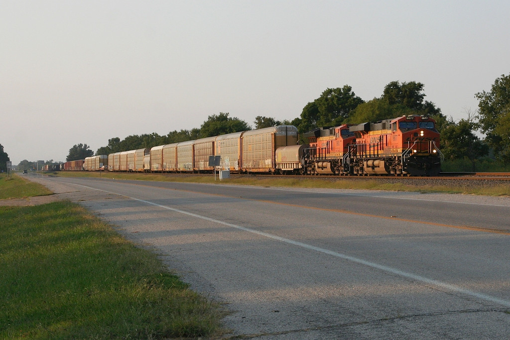 BNSF SB freight in the siding for NB intermodal
